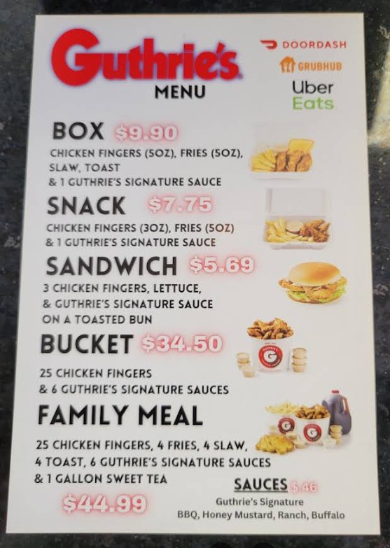 Guthrie’s Restaurant Menu | Famous Chicken Fingers, Box Meals ...